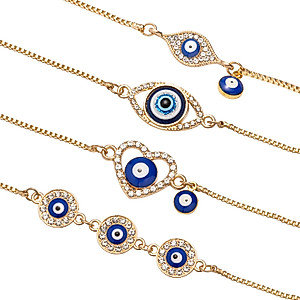 QUPIVA 4 Pack Evil Eye Bracelets Pack for Women 14K Gold Plated Blue Evil Eye String Protection Bracelet Aesthetic Jewelry