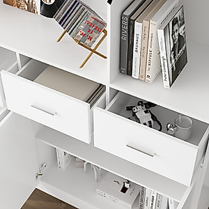 ECACAD Modern Wooden Bookcase with Shelves, 4 Doors and 4 Drawers, Tall Storage Display Cabinet Kitchen Pantry for Living Room, Home Office and Kitchen, White (15.7" D x 63" W x 78.7" H)