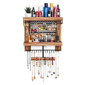 Pinzoveco Hanging Jewelry Organizer Wall Mounted With Wall Jewelry Organizer Holder For Necklaces Bracelet Earrings Ring (Rustic Wood)