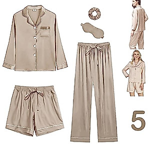 WJing Yi Jia 5Pcs Womens Silk Satin Pajamas Sets Long Pj Sets Button Down Pjs Set Sleepwear White