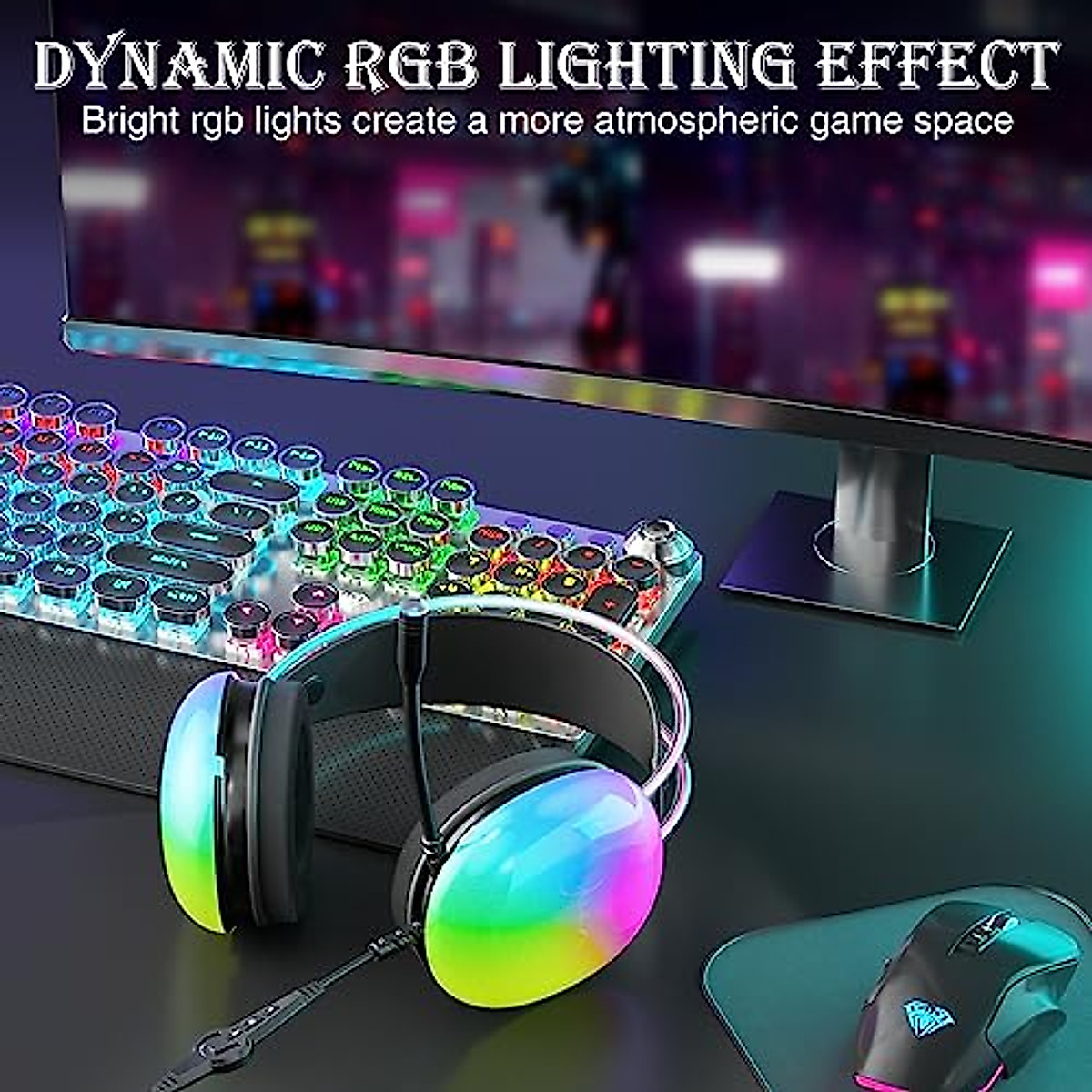 AULA USB Gaming Headset with Mic for PC, RGB Rainbow Backlit Headset, Virtual 7.1 Surround Sound, 50mm Driver, Soft Memory Earmuffs, Wired Laptop Desktop Computer Headset, Black, S505