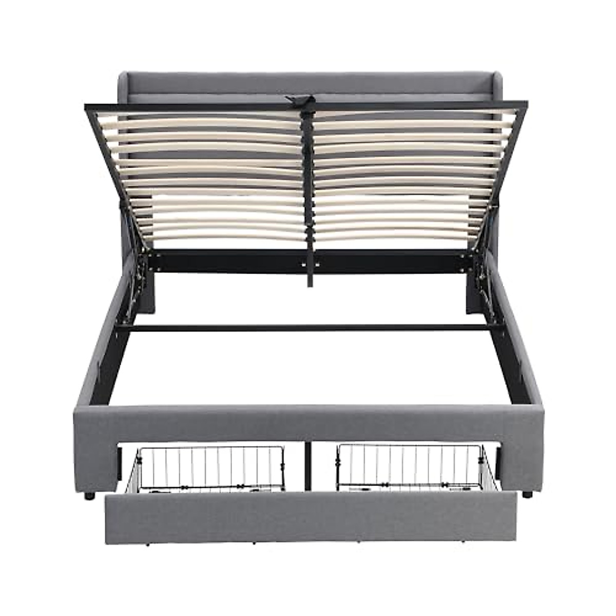 BOVZA Queen Size Lift Upholstered Platform 2 Drawers, Modern Wingback Headboard, Hydraulic Storage Bed Frame, Linen Gray