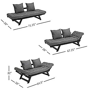 HOMCOM Single Person 3 Position Convertible Chaise Lounger Sofa Bed with 2 Large Pillows and Oak Frame, Dark Gray