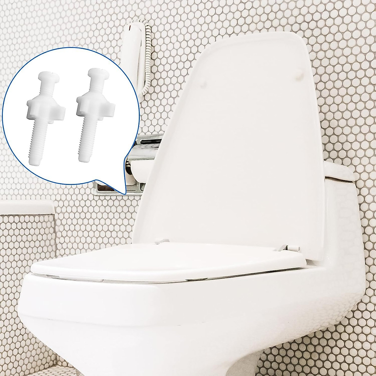 BUWUSMU Replacement Toilet Seat Screws, Kit with Plastic Hinge Bolt Screws, Nuts, and Washers for Top Toilet Seat Repair (White, 4 Pieces)