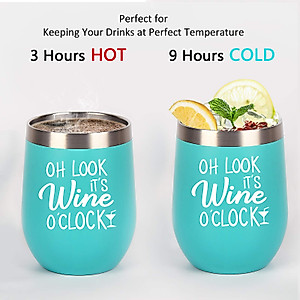 Oh Look It's Wine O'Clock - Stainless Steel Wine Tumbler with Lid, Funny Wine Gifts for Women Mom Grandma Sister Coworkers, Stemless Insulated Tumbler for Christmas Mothers Day Birthday(12oz, Mint)