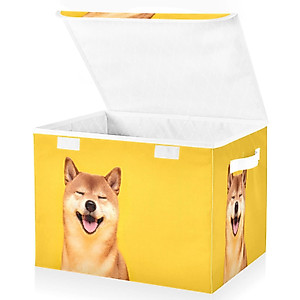 Wusikd Shiba Inu Dog Storage Basket Yellow Storage Boxes with Lids and Handle, Large Storage Cube Bin Collapsible for Shelves Closet Bedroom Living Room, 16.5x12.6x11.8 In