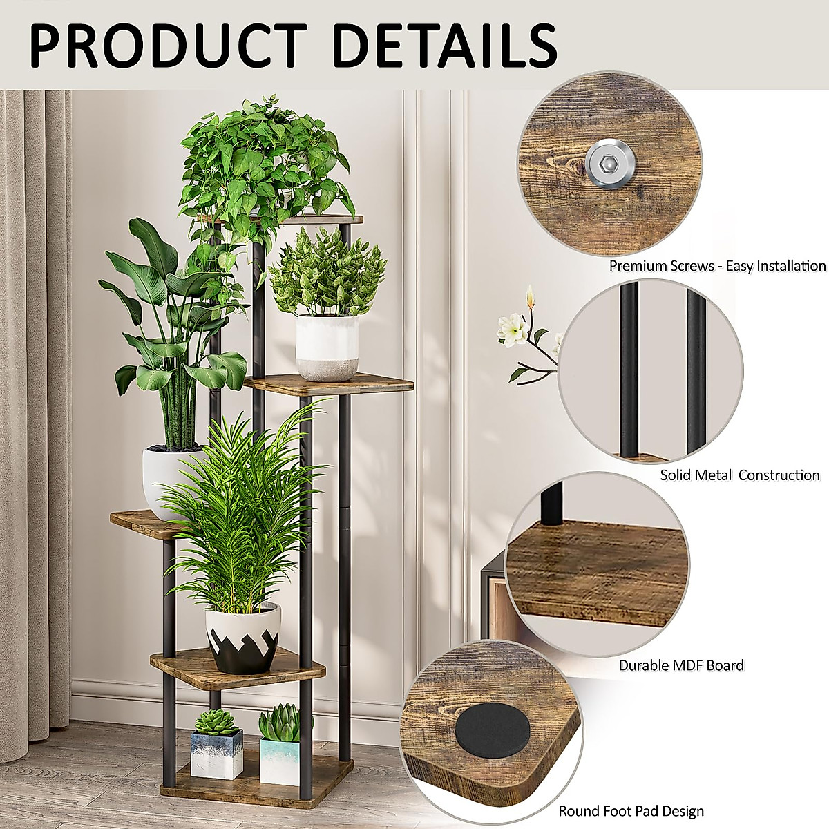 YOCOMEY 5 Tier Wood Tall Plant Stand Metal Rack Indoor, Multiple Flower Pot Holder Shelves Corner Rack, Planter Shelf Display Rack Storage Organizer for Patio Living Room Balcony Garden(Black)