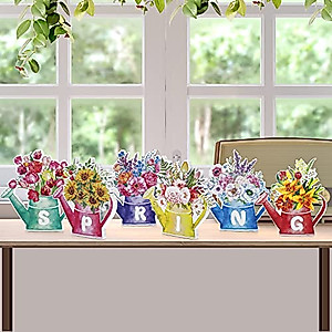 6 Pcs Spring Wooden Block Signs Spring Table Decor Watering Can and Flowers Wood Signs Rustic Farmhouse Spring Decor for Home Spring Table Centerpiece Wall Pediments for Home Farmhouse Tabletop