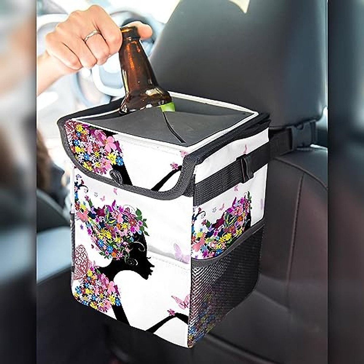 RODAILYCAY Car Trash Can with Lid and Storage Pockets, Waterproof & Leak-Proof Garbage Container Bin for Car, Vehicle Dustbin Flowers Fairy Kissing Butterflies Pink