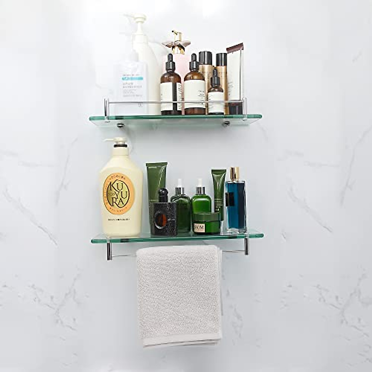 mokhome Bathroom Shelves, Glass Shower Caddy, Rectangle Floating Wall Mounted Shelf,Tempered Clear Glass Shelving with Towel Bar Shampoo Holder,1 Shelf, SUS304 Stainless Steel Brackets,Rustproof