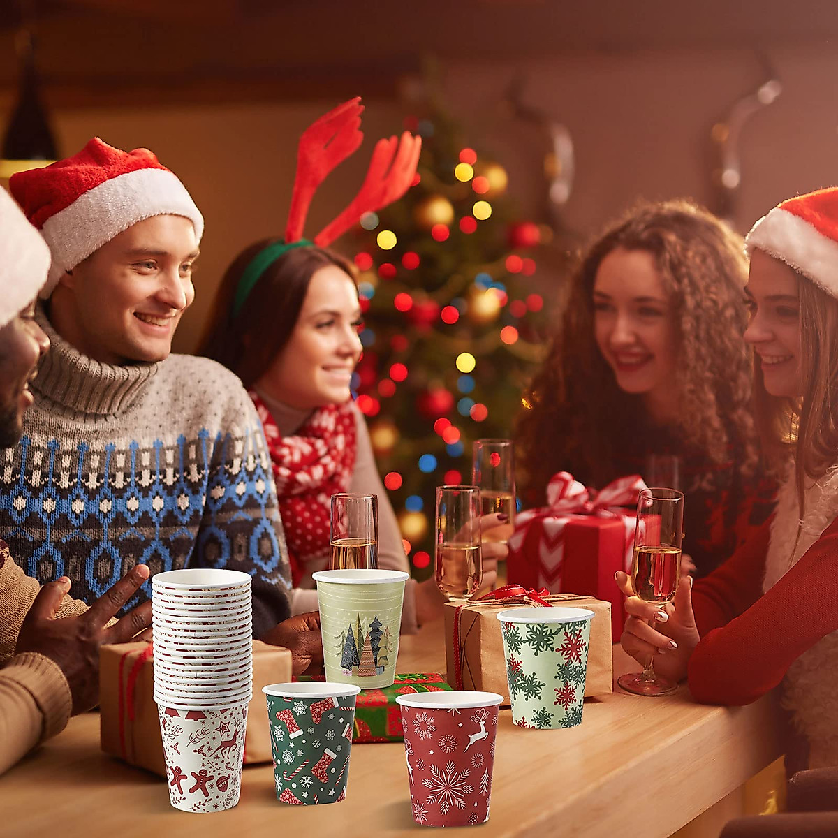 100 Pcs Christmas Paper Cups Disposable Cup 9 oz Christmas Coffee Cup Hot Chocolate Tea Drinking Paper Cups Christmas Party Supplies for Holiday Party Xmas Hot Cold Beverages