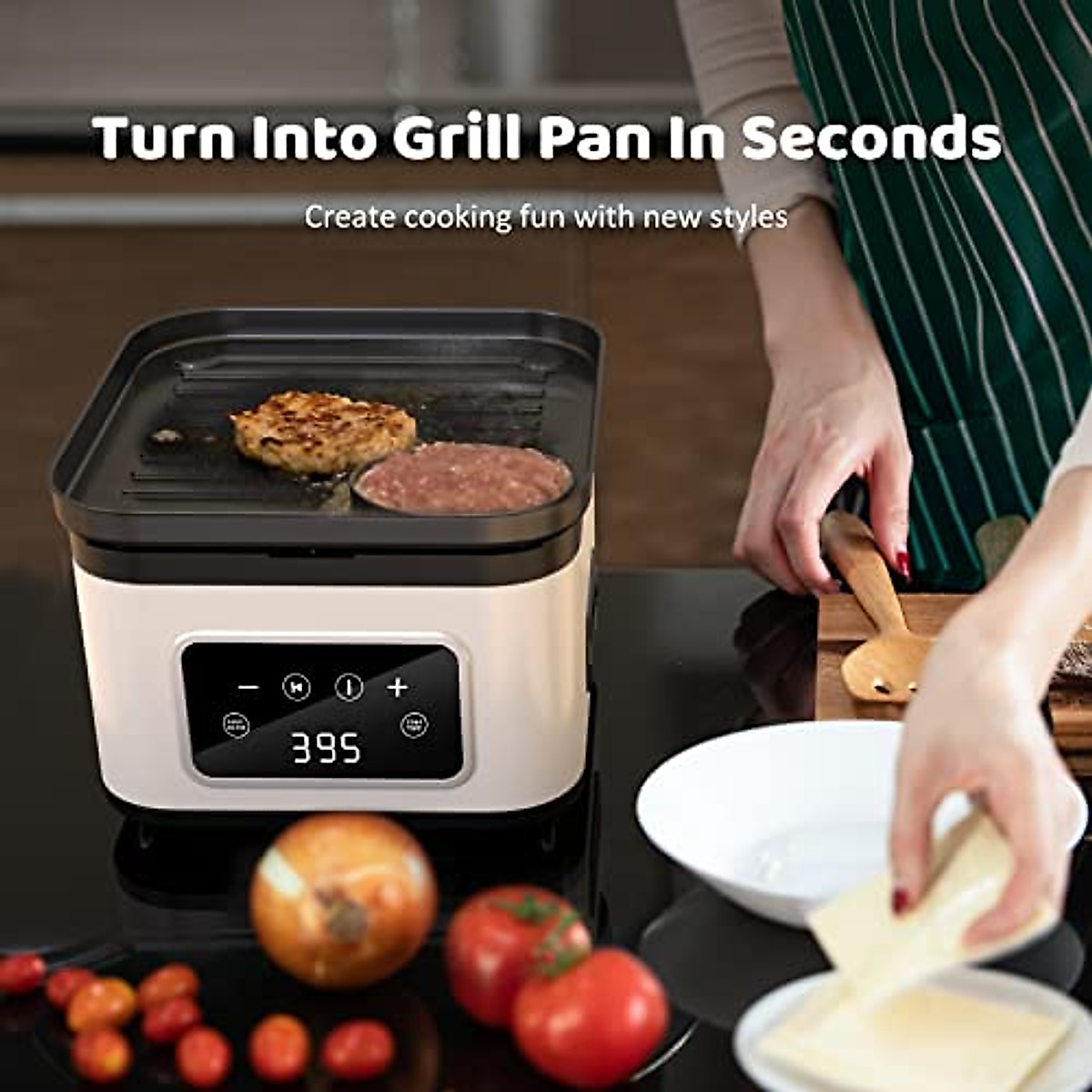 GREECHO Air Fryer and Frying Pan Combo, One-Touch Screen with 12 Precise Presets, 4.8QT All-around Visual Glass Hot Air Fryer Cooker, Non-stick Skillet and Square Basket, Pearl White