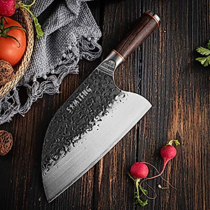 SMTENG Effort Saving Kitchen Knife 8 inch-High Carbon Clad Steel Hammered Chinese Knife with Pakkawood Handle，Butcher Meat Cleaver knives Vegetable Cutting Slicing Knife