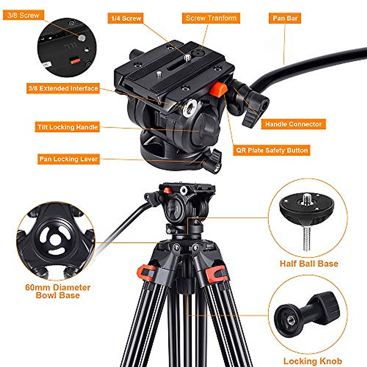 Heavy Duty Tripod Professional Video Tripod Aluminium 72inch with 360 Degree Fluid Head for Canon Nikon DSLR Camcorder Cameras