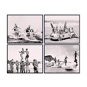 Vintage Surf Party, Surfing Photo Set - Beach Ocean Wall Decor - Coastal Wall Art for Bathroom, Beach House, Living Room, Bedroom - Tropical Summer Room Decorations or Unique Gift for Sea Lovers
