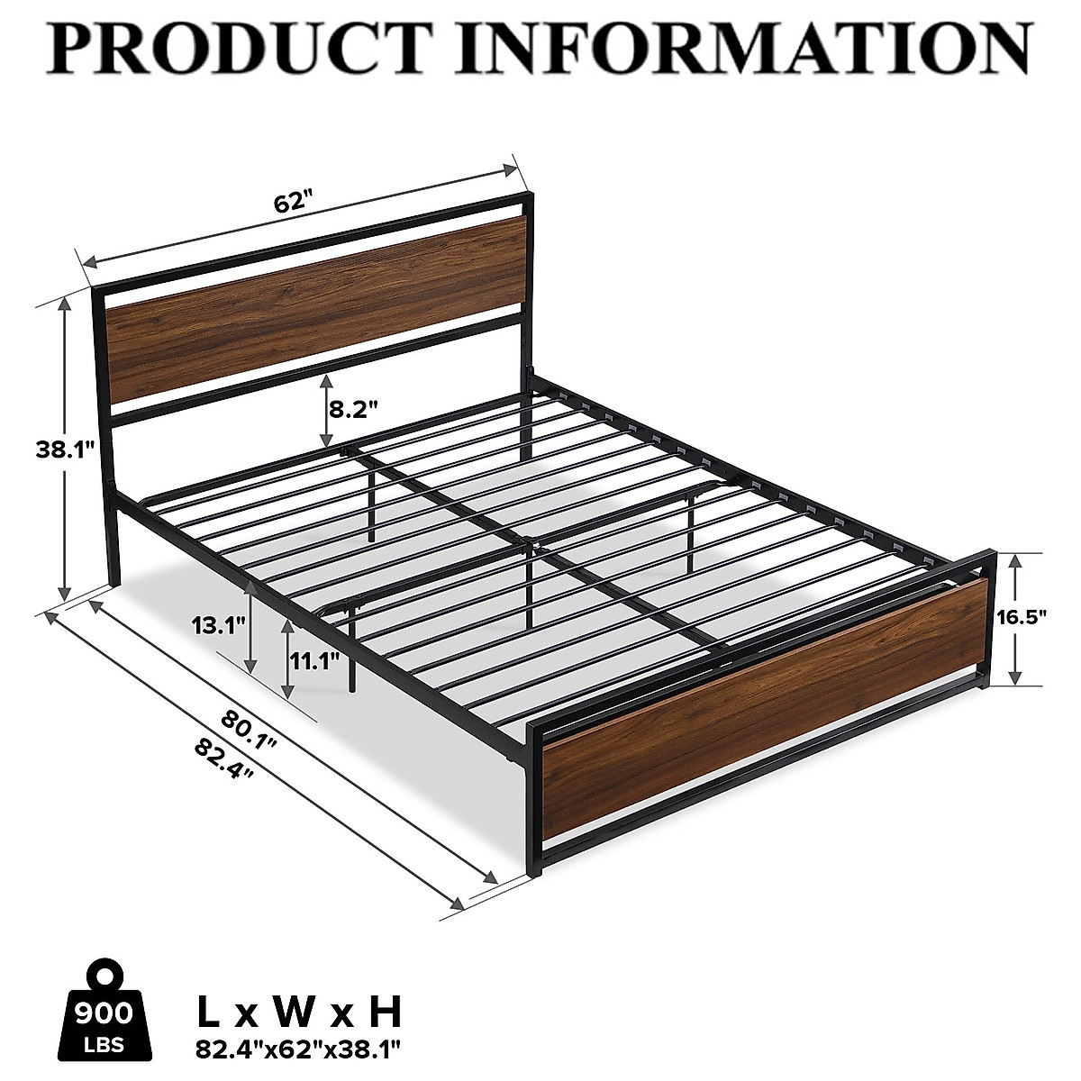 Queen Size Metal Bed Frame,Industrial Platform Queen Bed Frame with Headboard and Footboard,Mattress Foundation with Strong Steel Slat Support,11" Under Bed Storage Space,Easy Assembly