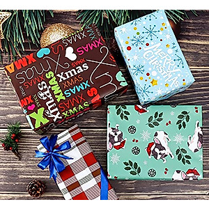 AUCLAY Christmas Wrapping Paper Sheets for Holiday Thanksgiving - Xmas Gift Wrap 4 Designs Red/Green Plaid, Snowflakes, Love, Dogs - Pack of 12, Folded Flat, 20 Inch X 29 Inch Per Sheet