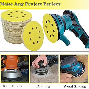 M-jump 100 Pack 5 Inch Sanding Discs, 120 Grit Hook and Loop Sandpaper for Woodworking or Automotive, 8 Hole Gold Premium Dustless Random Orbit Sandpaper