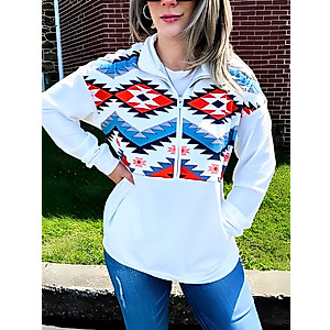 Fronage Women's Half Zip Sweatshirt Western Aztec Sweater, Casual Long Sleeve Mexico Ethnic Graphic Pullover Tops White, L