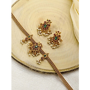 Priyaasi Indian Choker Jewelry Set for Women | Festive Kemp Stone Jewellery | Peacock-Inspired Design | Gold-Plated | Brass Metal | Pearl Drop | Indian Bridal Jewelry Set for Wedding