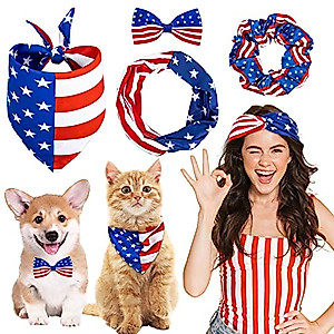 Whaline 4Pcs 4th of July Dog Bandanas & Matching Scrunchie Set American Flag Patriotic Dog Scarf Bow Clip Hair Band Headband for Pet Dog Owner Independence Day Memorial Day Dressing Accessories