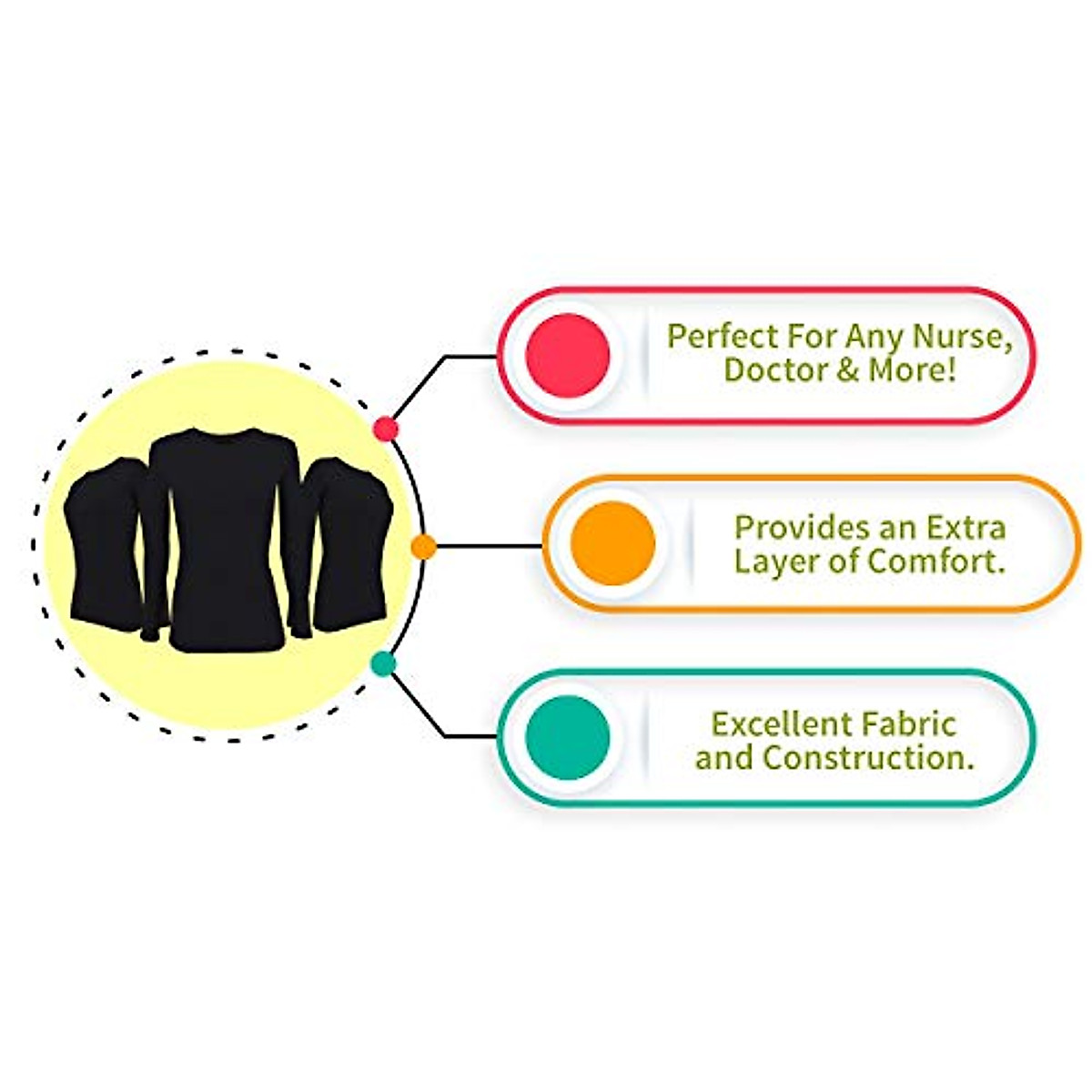 BaHoki Essentials Long Sleeve Undershirts for Scrubs - Great Stretch and Layering Piece - Multipurpose and Durable -Use with Scrubs and Lab Coats - for Nurses, Doctors, Women, and Men Black