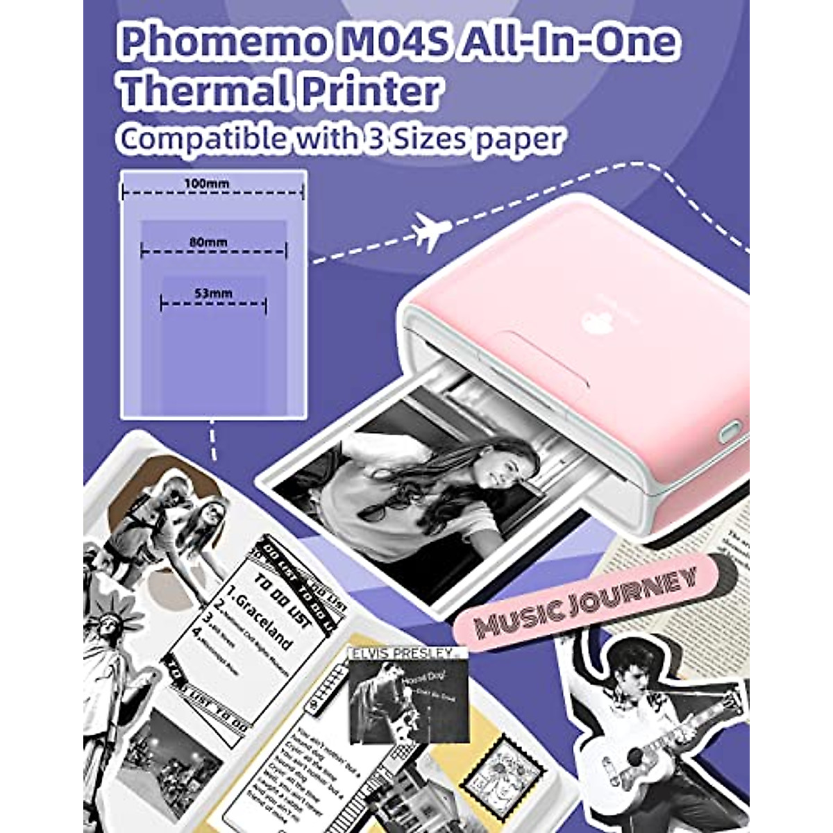 Phomemo M04S Portable Printer- Bluetooth Inkless Thermal Sticker Printer with White Self-Adhesive Thermal Paper for Phomemo M04S/M04S Bluetooth Thermal Printer, Black on White, 110mm x 3.5m, 3-Rolls