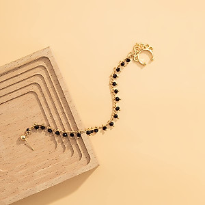 Kenjudess Vintage Black Beaded Tassel Nose Ring with Chain to Ear Stud Non-Pierced Septum Hoop Ring Indian Belly Dance Party Nose Accessories for Women and Girls (Black)