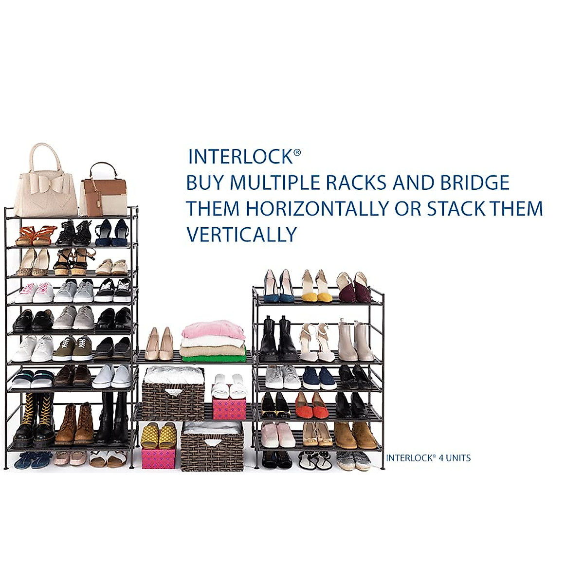 Seville Classics Sturdy Freestanding Storage Shelf for Bedroom, Closet, Entryway, Dorm Room Organizer Stackable Durable Metal Shoe Rack Espresso Slat, 3-Tier (NEW MODEL)