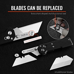 9TiEDC Folding Utility Knife,G10 Handle Heavy Duty Safety Box Cutter,Razor Knife & EDC Pocket Knife with Extra 10PC Blades,Perfect for Household Tools,Office,Factory,Outdoor Use.