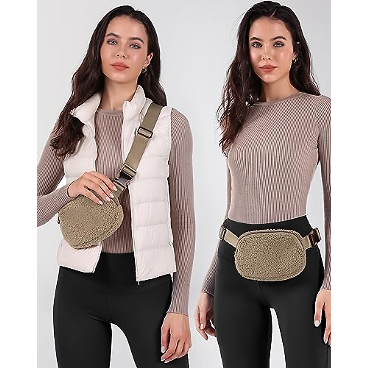 ODODOS Fleece Mini Belt Bag with Adjustable Strap, Sherpa Small Waist Pouch Fanny Pack for Workout Running Traveling Hiking, Taupe