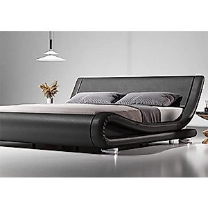 SHA CERLIN Queen Size Upholstered Bed Frame, Deluxe Low Profile Sleigh Bed with Faux Leather Ergonomics Headboard, No Box Spring Needed & Easy Assembly, Black