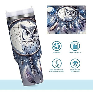 Maunzc 30 oz Tumbler with Handle and Straw, Insulated Stainless Steel Travel Mug with Lid for Coffee, Iced Tea, Water, Gift for Men Women (Dreacatcher Owl)