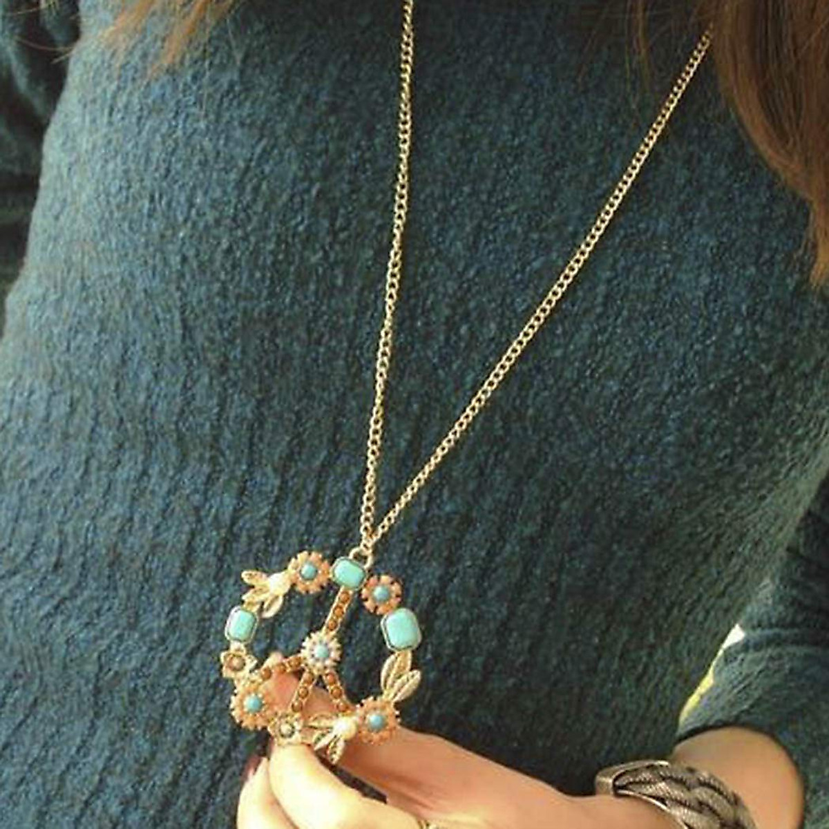 Zehope Peace Sign Necklace Vintage Hippie Pendant Necklaces Chain 60s 70s Long Turquoise Necklace Accessories for Women