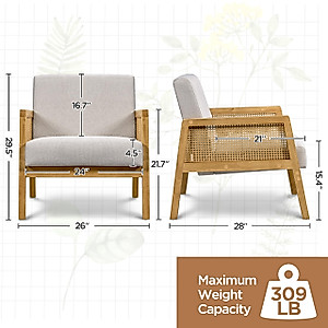 Yaheetech Beige Accent Chair, Armchair with Wood Legs, Mid Century Living Room Chair, Linen Fabric Lounge Chair for Bedroom Reading Room, Beige