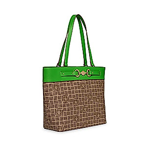 Anne Klein Tote w/Horse bit, Cream Brown Lion Logo Print/Grass Green