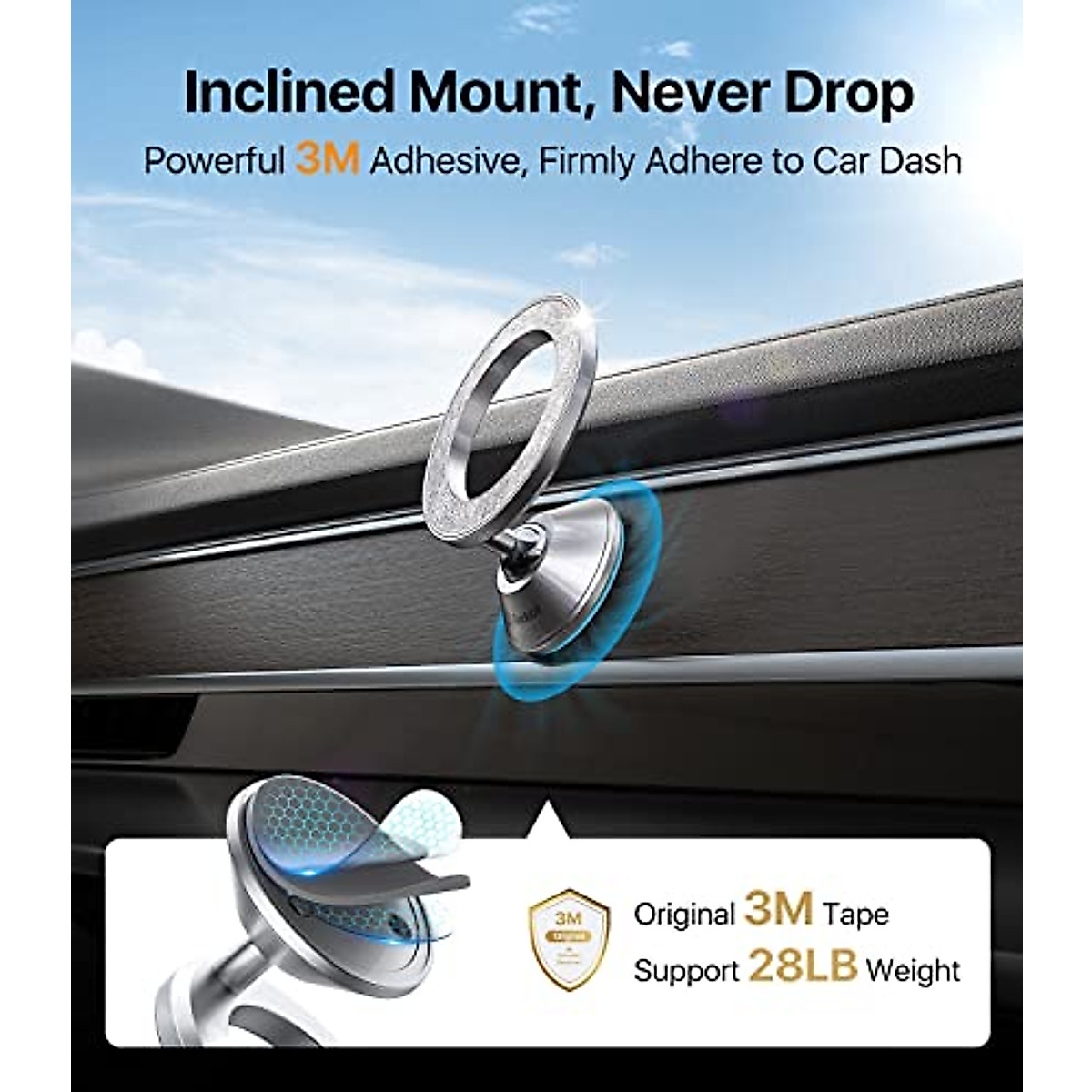 andobil Magnetic Phone Holder for Car [Fashion Bling, Invisible Mini] Compatible with MagSafe 3 Pop-Socket iPhone 14 Pro Max 13 12 S23 S22 15 etc, 360° Rotation Dashboard Mount, Cute Car Accessories