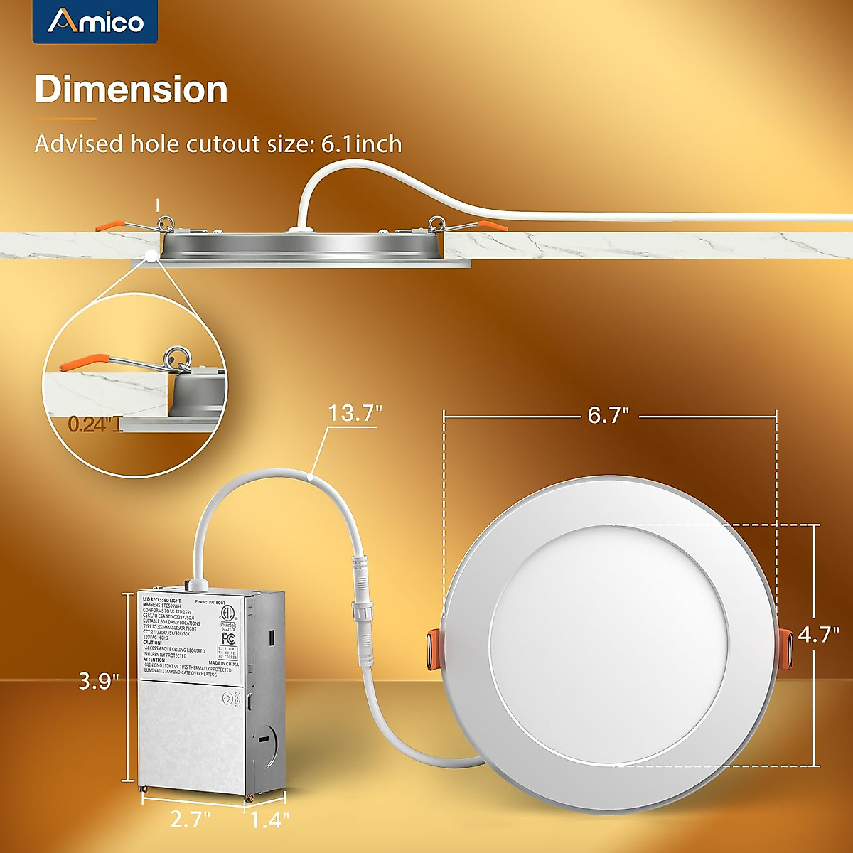 Amico 12 Pack 6 Inch 5CCT LED Recessed Ceiling Light with Night Light, 2700K/3000K/3500K/4000K/5000K Selectable Ultra-Thin Recessed Lighting, 12W=110W, 1100LM, Dimmable Canless Wafer Downlight ETL&FCC