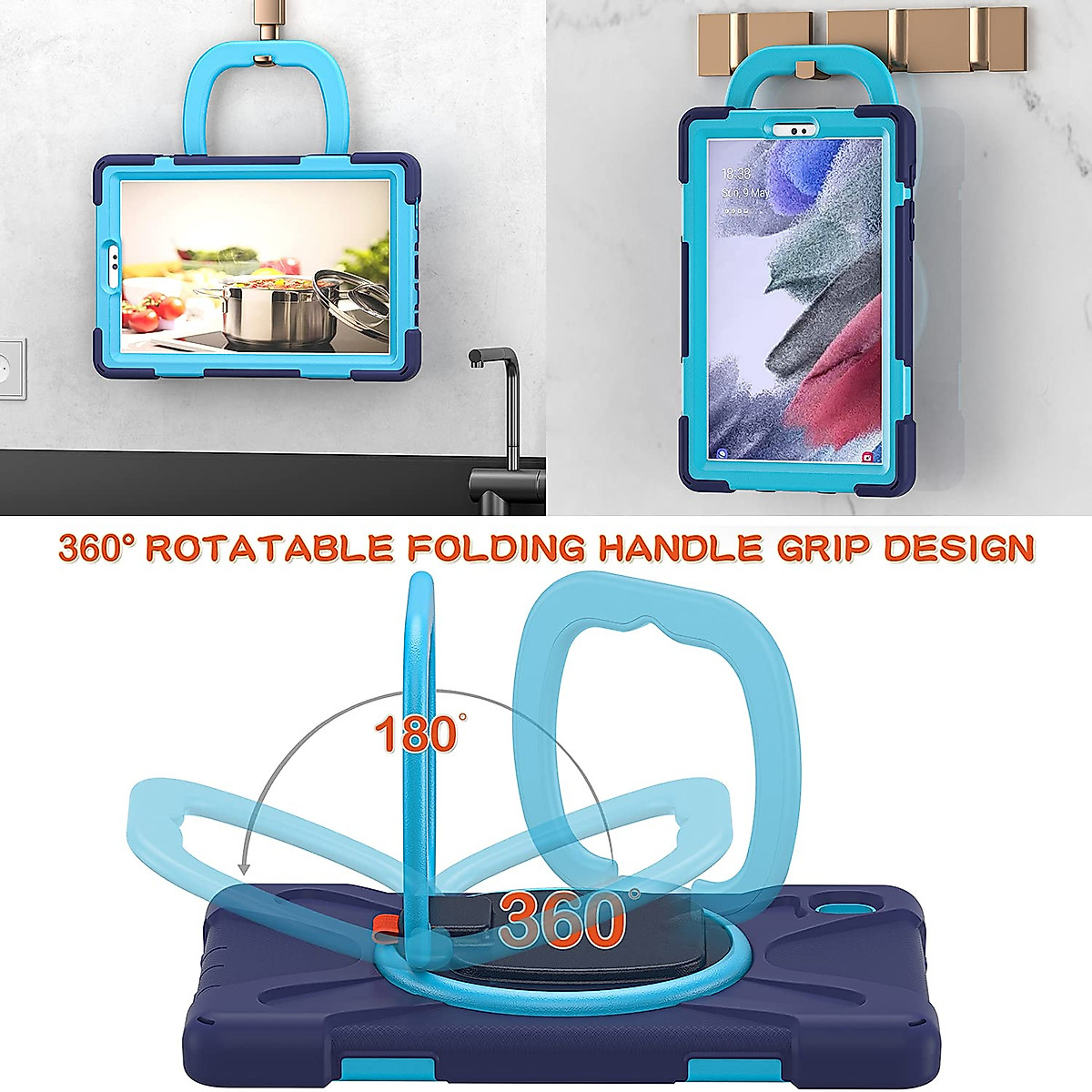 Case for Samsung Galaxy Tab A7 Lite 8.7'' with Pencil Holder - Rotating Handle Grip &Stand -Shoulder Strap, SCSVPN Rugged Protective Kids Case for Galaxy Tab A7 Lite 2021 SM-T220/T225/T227, Navy/Blue