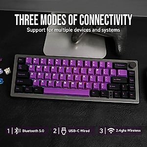 EPOMAKER EK68 65% Wireless Gaming Keyboard, Hot Swappable Gasket Mechanical Keyboard with Metal Knob, Bluetooth 5.0/2.4Ghz Wireless/USB-C Wired Custom Keyboard (Black Purple, Budgerigar Switch)