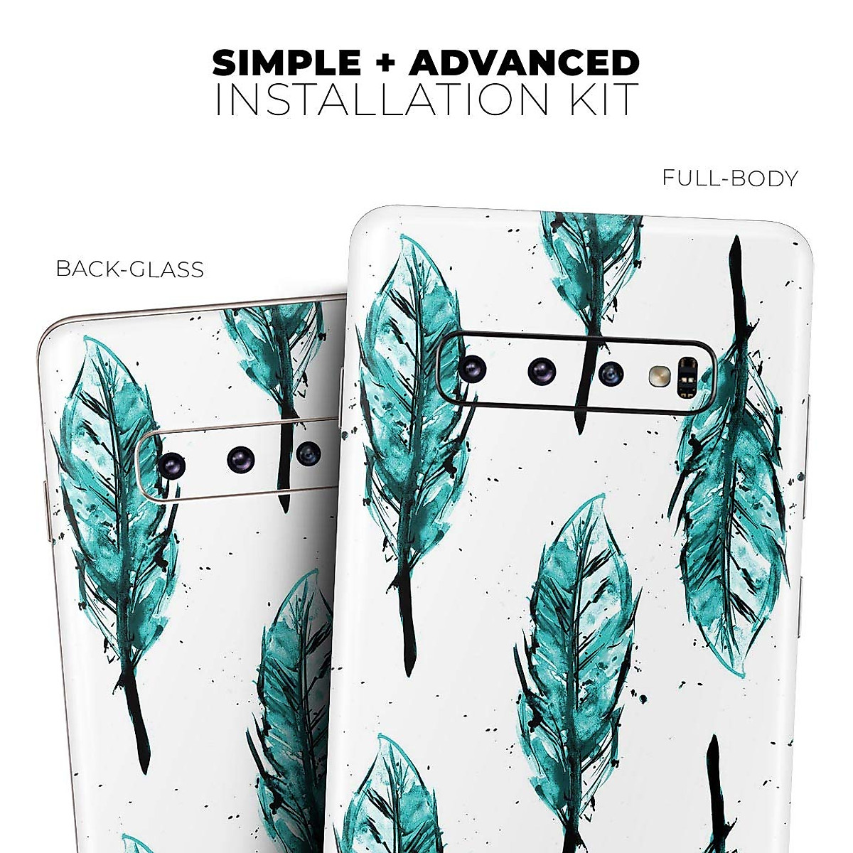 DesignSkinz Splattered Teal Watercolor Feathers Protective Vinyl Decal Wrap Skin Cover Compatible with The Samsung Galaxy S20 (Screen Trim & Back Glass Skin)