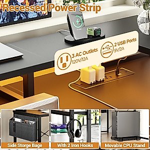 Unikito L Shaped Desk with File Drawer, Reversible L Shaped Computer Desk with Power Outlet & LED Lights, Home Office Desk Corner Desk with Monitor Shelf and Printer Cabinet, Gaming Desk, Black