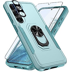Janmitta Samsung Galaxy S23+ Plus Case with Screen Protector+Camera Lens Protector,Heavy Duty Shockproof Full Body Phone Cover Built in Rotatable Magnetic Ring Holder Kickstand,2023 Mint Green