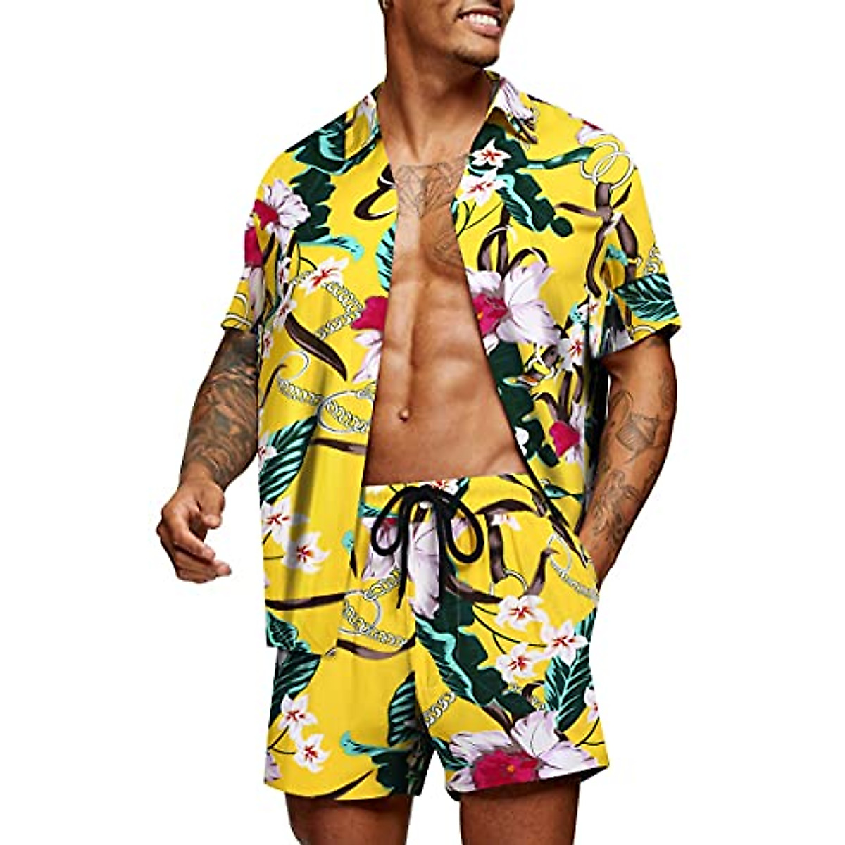 COOFANDY Men's Hawaiian Set Casual Floral Print Shirt Summer Shirt and Shorts