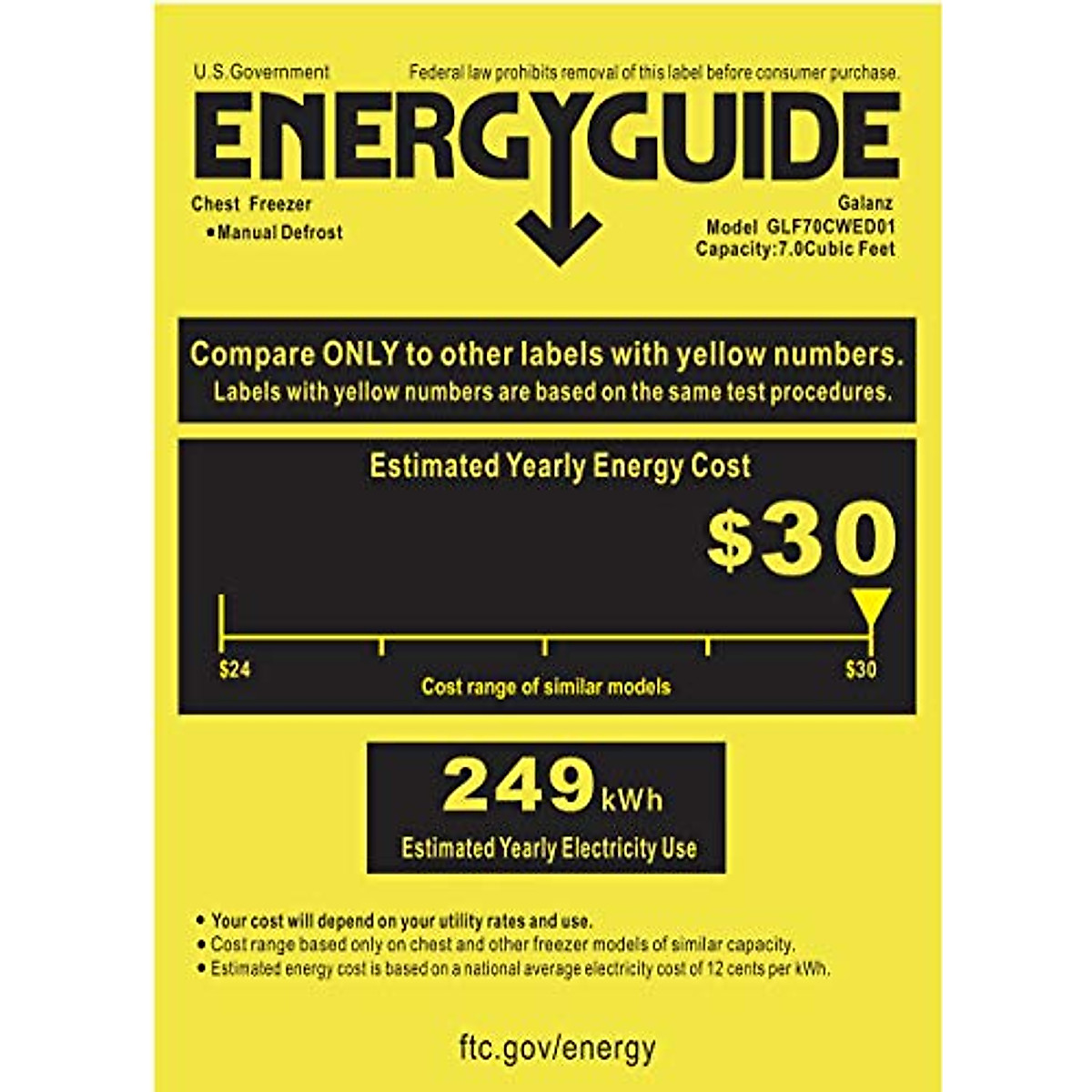 Galanz GLF70CWED01 Manual Defrost Chest Freezer, Mechanical Temperature Control, White, 7.0 Cu Ft