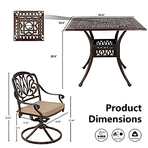 Grepatio 5 Piece Cast Aluminum Patio Dining Set Outdoor Furniture Set Patio Garden Set with 4 Swivel Rocker Ding Chairs, 4 Cushions and 35.4" Square Patio Table 2.4" Umbrella Hole (Khaki)