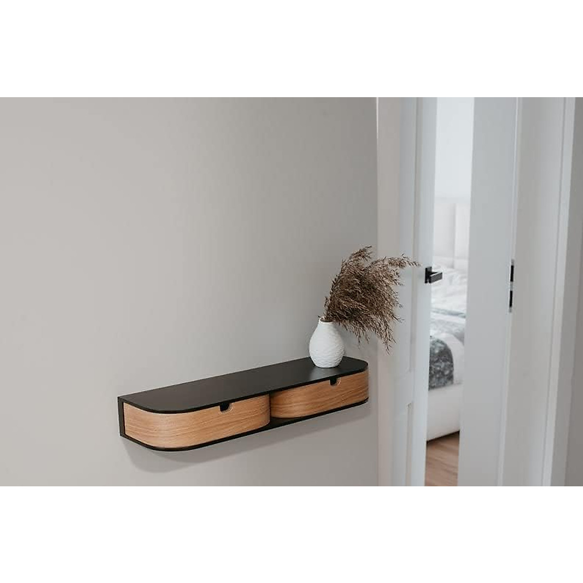 SELCOA Entryway Retro Floating Console, Modern Floating Wooden Bedside Table Shelf Drawer, Mounted Wall nightstand (Black,Double)