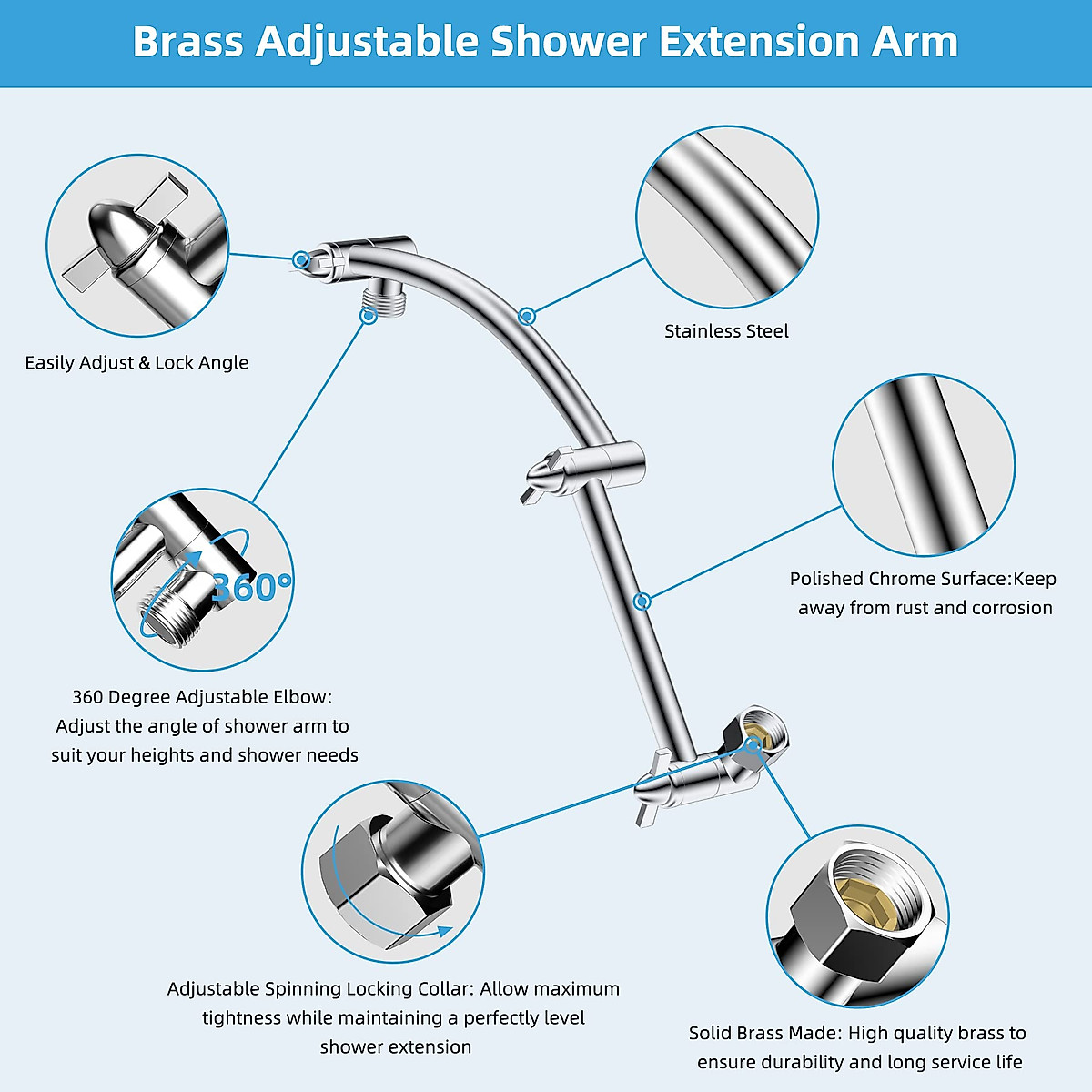 Hibbent All Metal 16'' Shower Head Extension Arm Solid Brass Flexible Height & Angle Adjustable Shower Arm Extender with Lock Joint, Universal Connection Stainless Steel Pipe Height Extending, Chrome