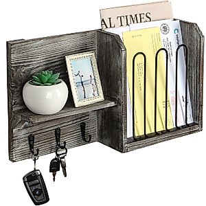 J JACKCUBE DESIGN Wall Mounted Rustic Wood Key & Mail Sorter Organizer with 3 Key Hooks and Shelf - for Entryway or Mud Room – Holds Documents, Bills, Letters, Keys and More- MK232A