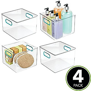mDesign Plastic Storage Bin with Handles for Organizing Hand Soaps, Body Wash, Shampoos, Lotion, Conditioners, Hand Towels, Hair Accessories, Body Spray, Mouthwash - 8" Square, 4 Pack - Clear/Blue